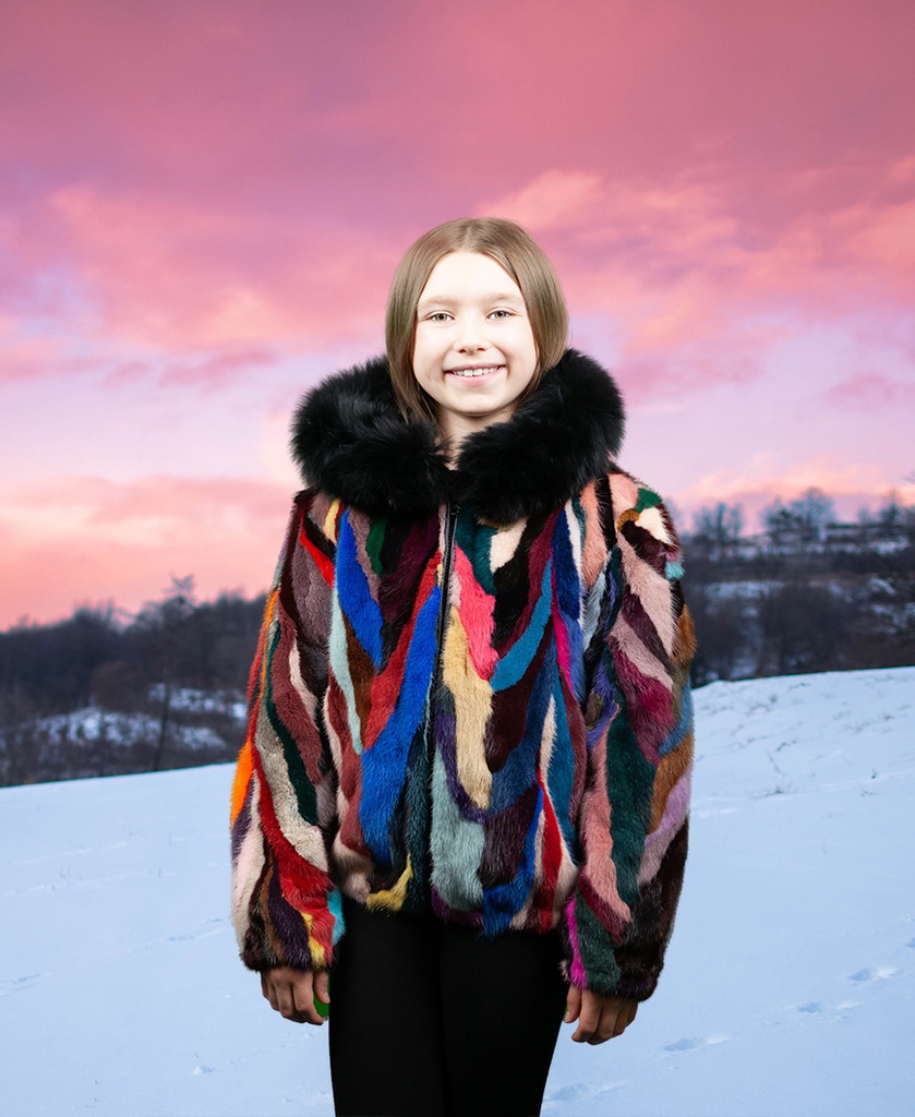 MULTI MINK PIECES JACKET WITH FOX TRIMMED HOOD | Koslow's North Dallas Furs