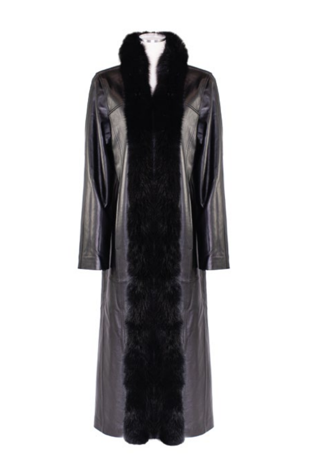 52” Lamb Leather Coat Fox Tuxedo, Reversible to Taffeta | Koslow's ...